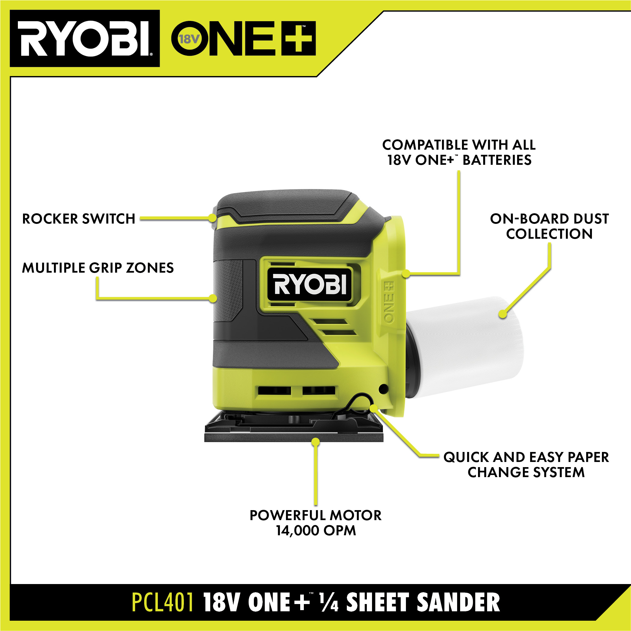 Ryobi 18V ONE+ Lithium Starter Kit with Free 1/4 Sheet Sander (PCL401B ...