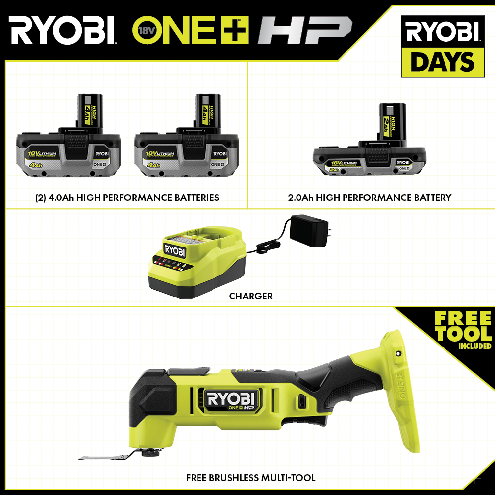 Ryobi Lithium High Performance Starter Kit with Free HP Brushless Multi ...