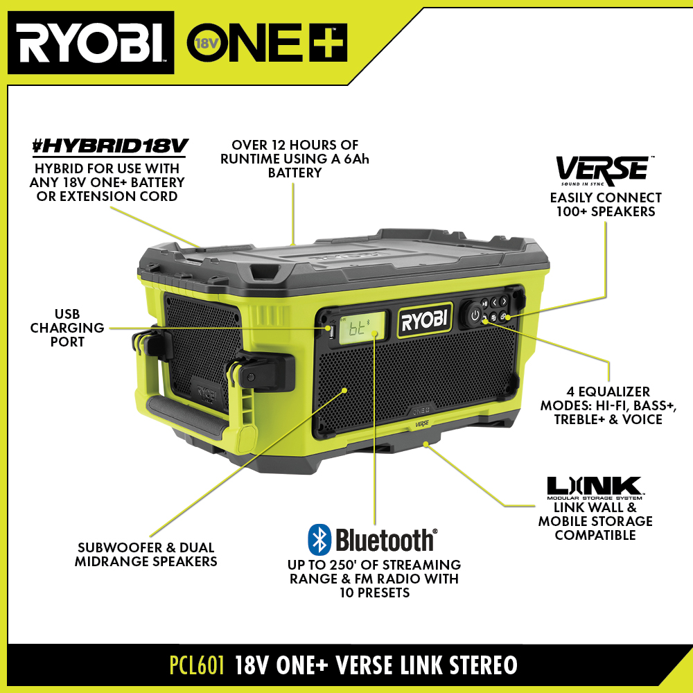 Ryobi HYBRID VERSE LINK BLUETOOTH STEREO (PCL601B) - Toolstash